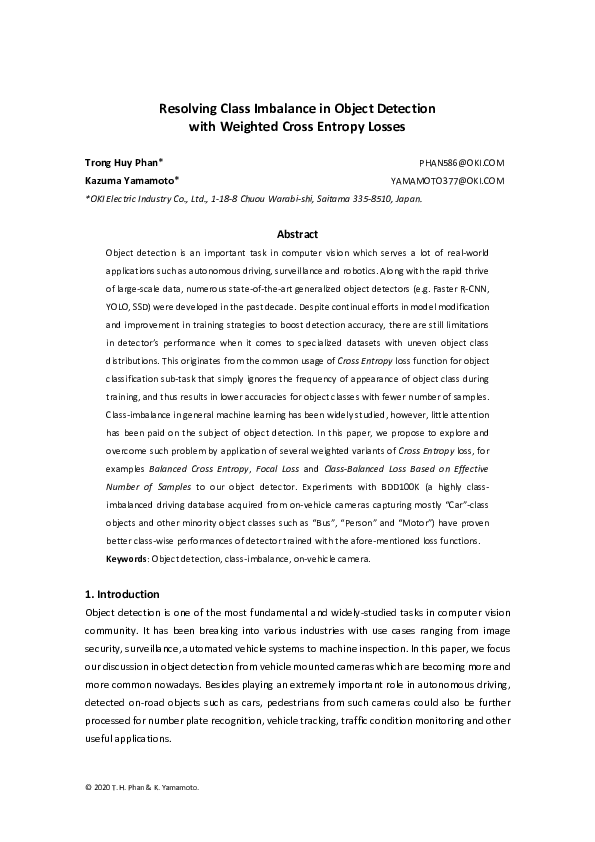 (PDF) Resolving Class Imbalance in Object Detection with Weighted Cross Entropy Losses