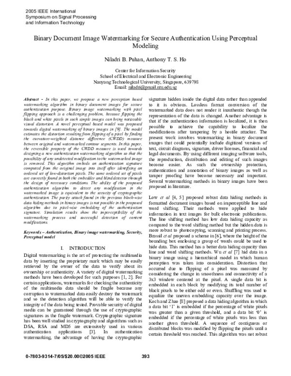 (PDF) Binary document image watermarking for secure authentication using perceptual modeling
