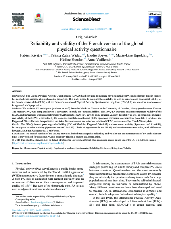 (PDF) Reliability and validity of the French version of the global physical activity questionnaire