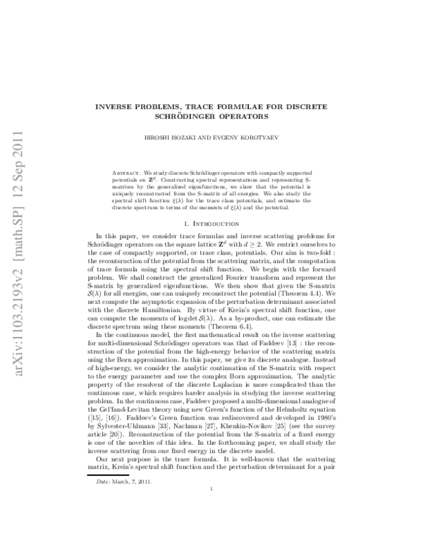 (PDF) Inverse problems, trace formulae for discrete Schr\
