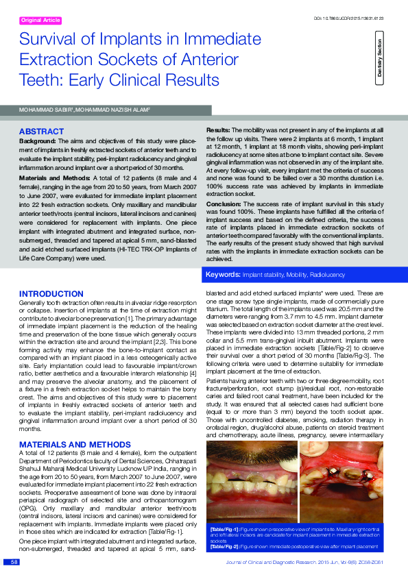 (PDF) Survival of Implants in Immediate Extraction Sockets of Anterior Teeth: Early Clinical Results