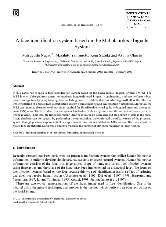 Pdf A Face Identification System Based On The Mahalanobis Taguchi