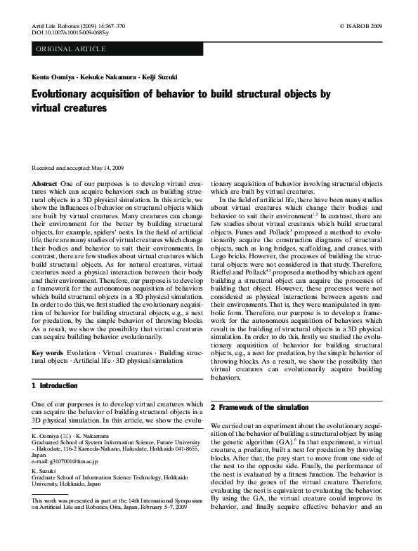 (PDF) Evolutionary acquisition of behavior to build structural objects ...