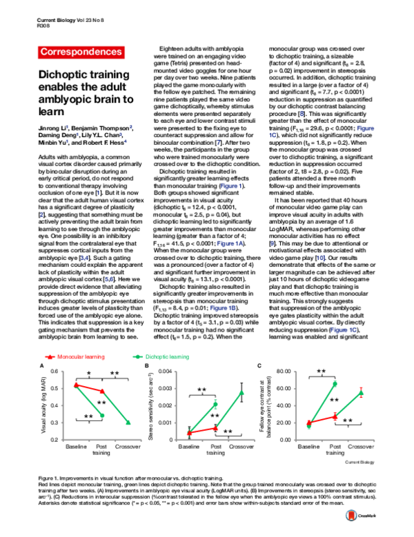 (PDF) Dichoptic training enables the adult amblyopic brain to learn