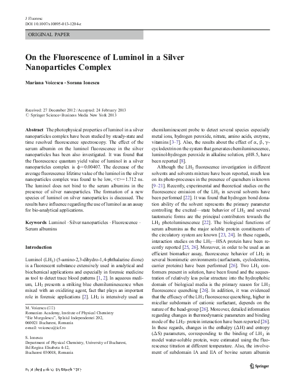 (PDF) On the Fluorescence of Luminol in a Silver Nanoparticles Complex