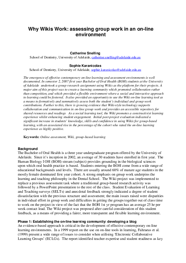 Why Wikis Work: assessing group work in an on-line environment