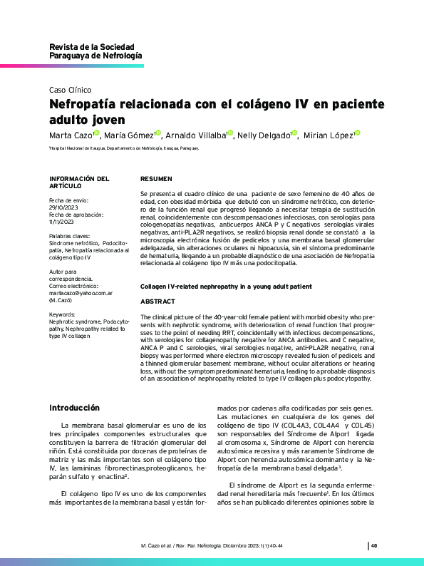 (PDF) Nefropatía relacionada con el colágeno IV en paciente adulto joven