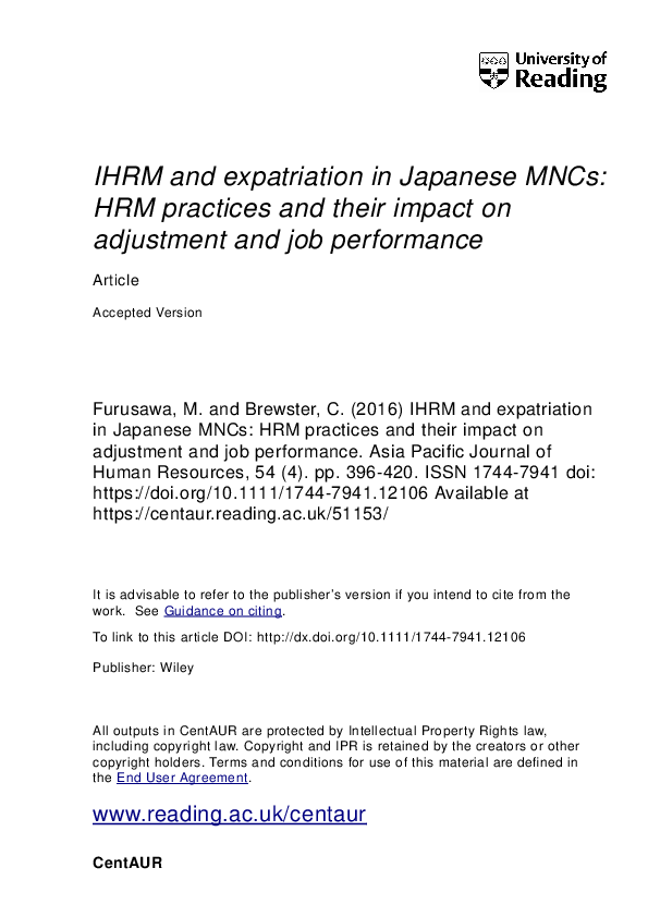 (PDF) IHRM and expatriation in Japanese MNCs: HRM practices and their impact on adjustment and ...