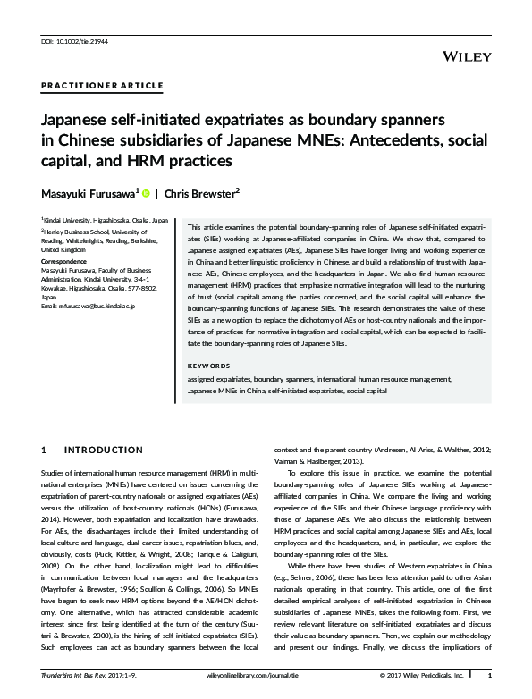 (PDF) Japanese self‐initiated expatriates as boundary spanners in ...