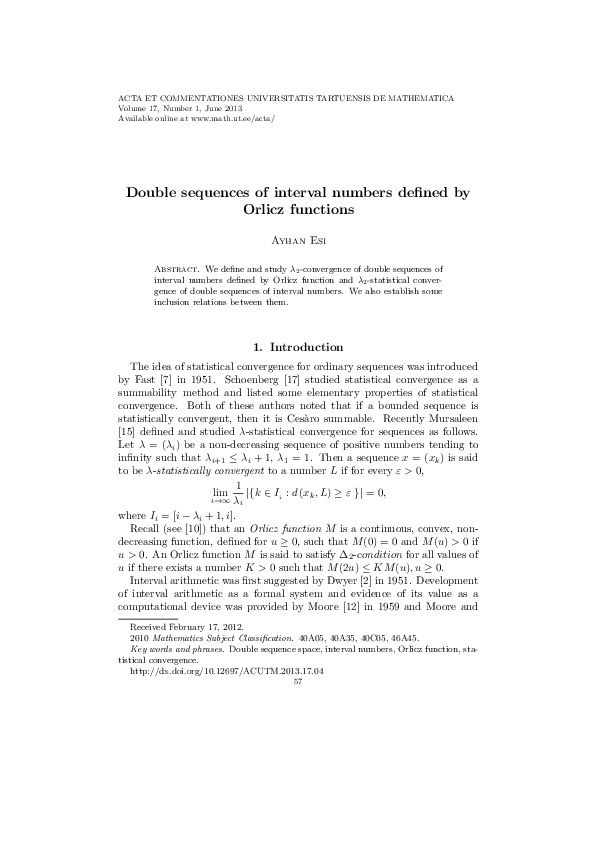 (PDF) Some double sequence spaces of interval numbers defined by Orlicz ...