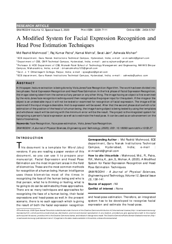 Pdf A Modified System For Facial Expression Recognition And Head Pose Estimation Techniques