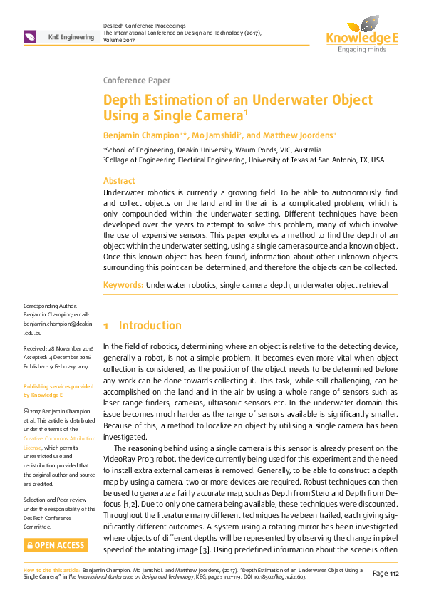 (PDF) Depth Estimation of an Underwater Object Using a Single Camera