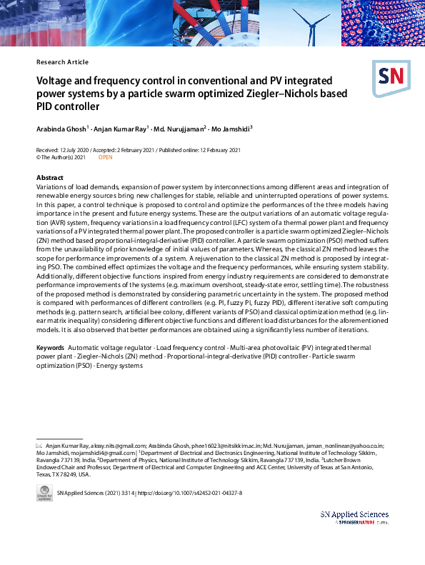 Pdf Voltage And Frequency Control In Conventional And Pv Integrated Power Systems By A 0871