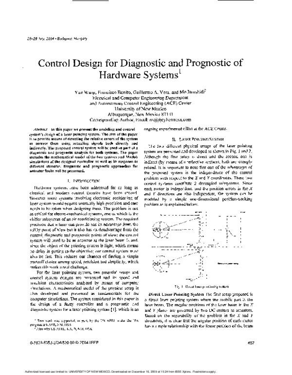 (PDF) Control design for diagnostic and prognostic of hardware systems