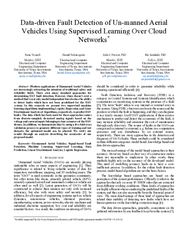 Pdf Data Driven Fault Detection For Uavs Using Supervised Learning