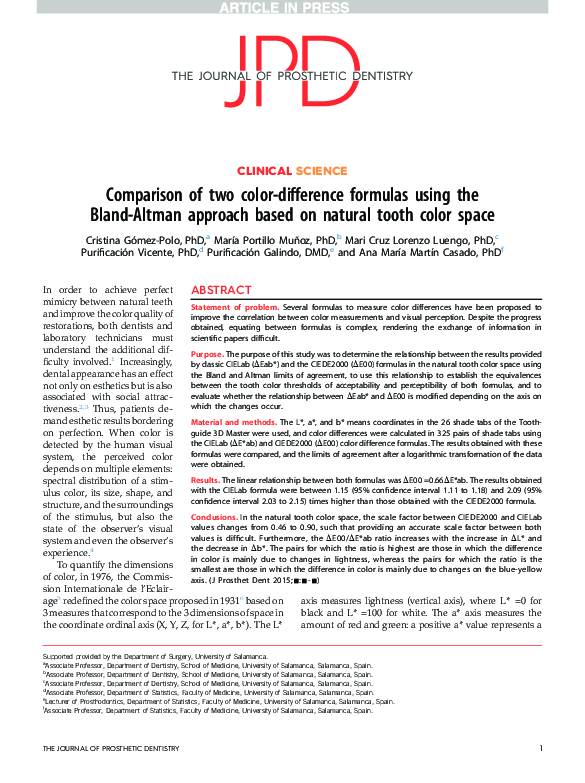 (PDF) Comparison of two color-difference formulas using the Bland ...