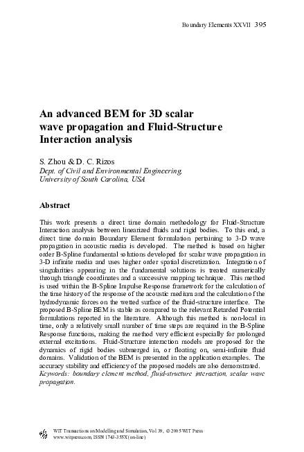 Pdf An Advanced Bem For 3d Scalarwave Propagation And Fluid Structureinteraction Analysis