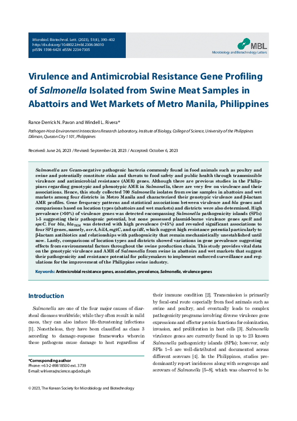 (PDF) Virulence and Antimicrobial Resistance Gene Profiling of Salmonella Isolated from Swine ...