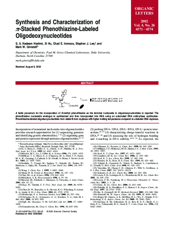 (PDF) Synthesis and Characterization of π-Stacked Phenothiazine-Labeled Oligodeoxynucleotides