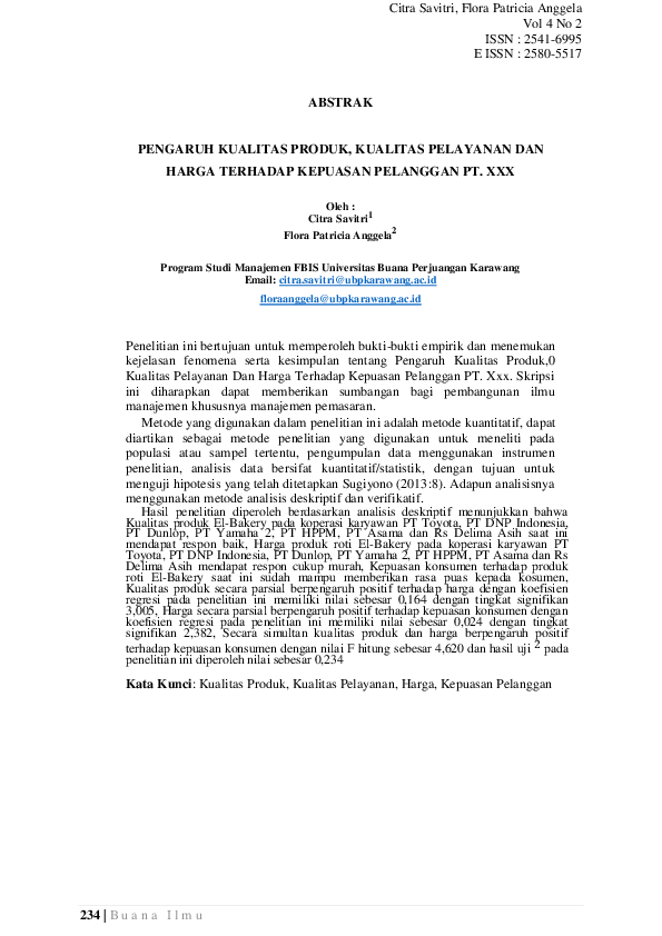 (PDF) PENGARUH KUALITAS PRODUK, KUALITAS PELAYANAN DAN HARGA TERHADAP KEPUASAN PELANGGAN PT. XXX