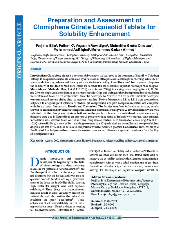 (PDF) Preparation and Assessment of Clomiphene Citrate Liquisolid ...