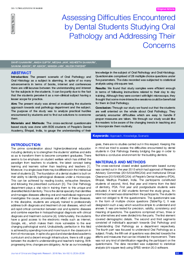 (PDF) Assessing Difficulties Encountered by Dental Students Studying Oral Pathology and ...