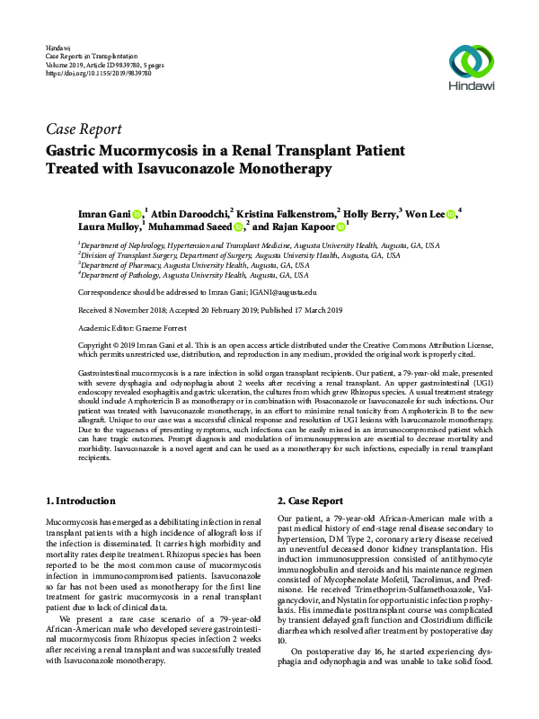 (PDF) Gastric Mucormycosis in a Renal Transplant Patient Treated with ...