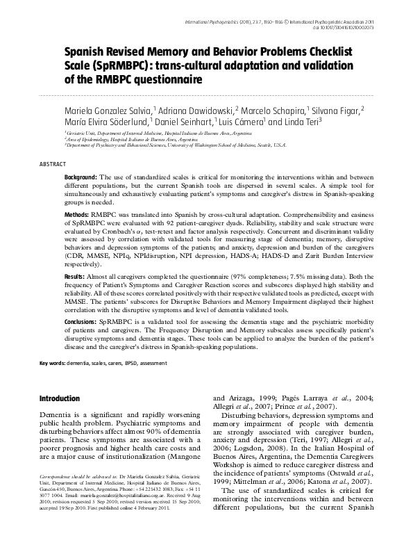 (PDF) Spanish Revised Memory and Behavior Problems Checklist Scale (SpRMBPC): trans-cultural ...