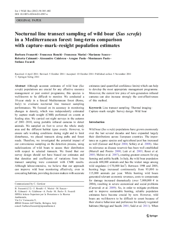 Pdf Nocturnal Line Transect Sampling Of Wild Boar Sus Scrofa In A Mediterranean Forest Long