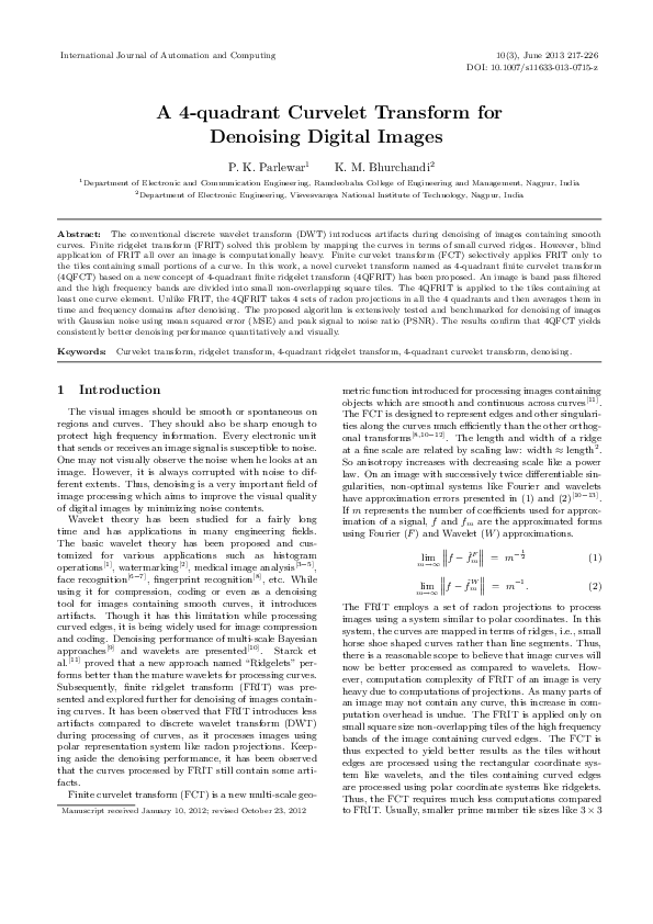 (PDF) A 4-quadrant Curvelet Transform for Denoising Digital Images | Pallavi Parlewar - Academia.edu