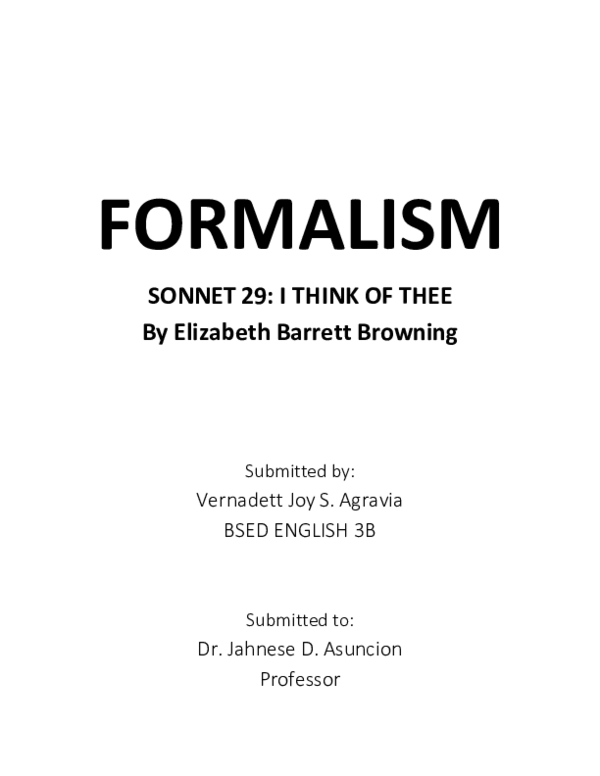 (PDF) Sonnet 29: I Think of Thee by Elizabeth Barrett Browning (A ...