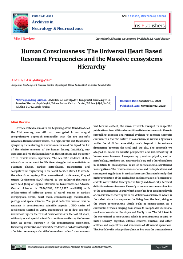 (PDF) Human Consciousness: The Universal Heart Based Resonant Frequencies and the Massive ...