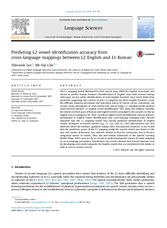 (PDF) Predicting L2 vowel identification accuracy from cross-language mappings between L2 ...