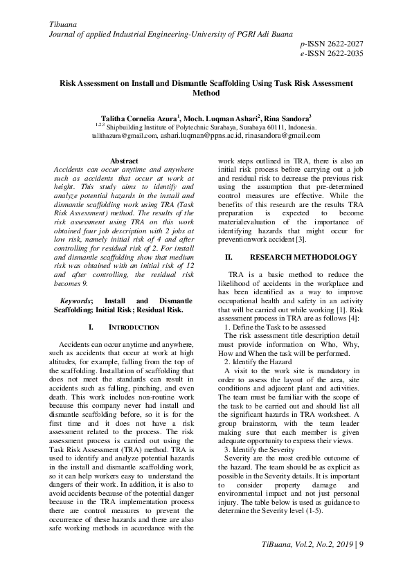 (PDF) Risk Assessment on Install and Dismantle Scaffolding Using Task ...