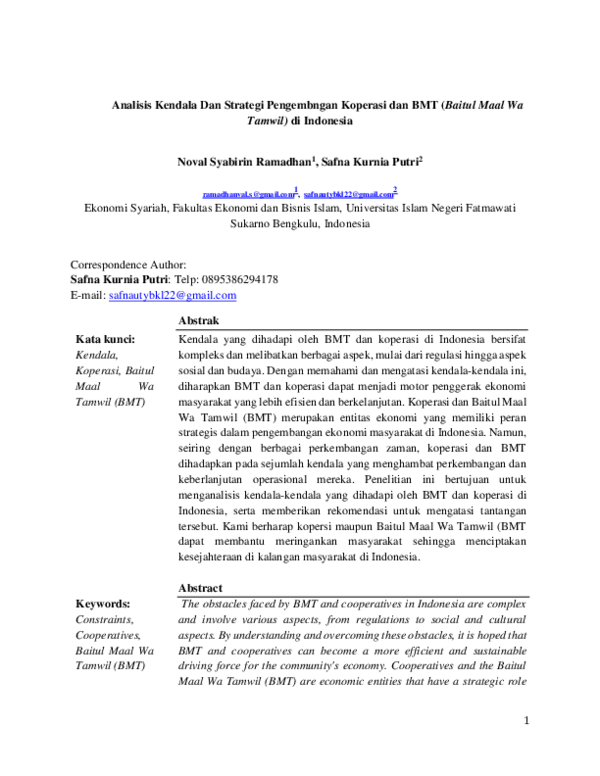 (PDF) Analisis Kendala Dan Strategi Pengembngan Koperasi dan BMT (Baitul Maal Wa Tamwil) di ...