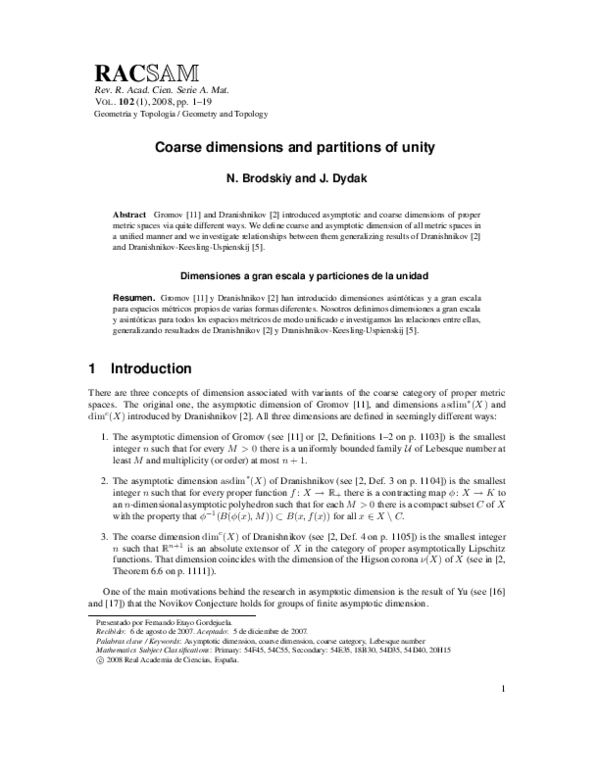 (PDF) Coarse dimensions and partitions of unity | Jerzy Dydak - Academia.edu