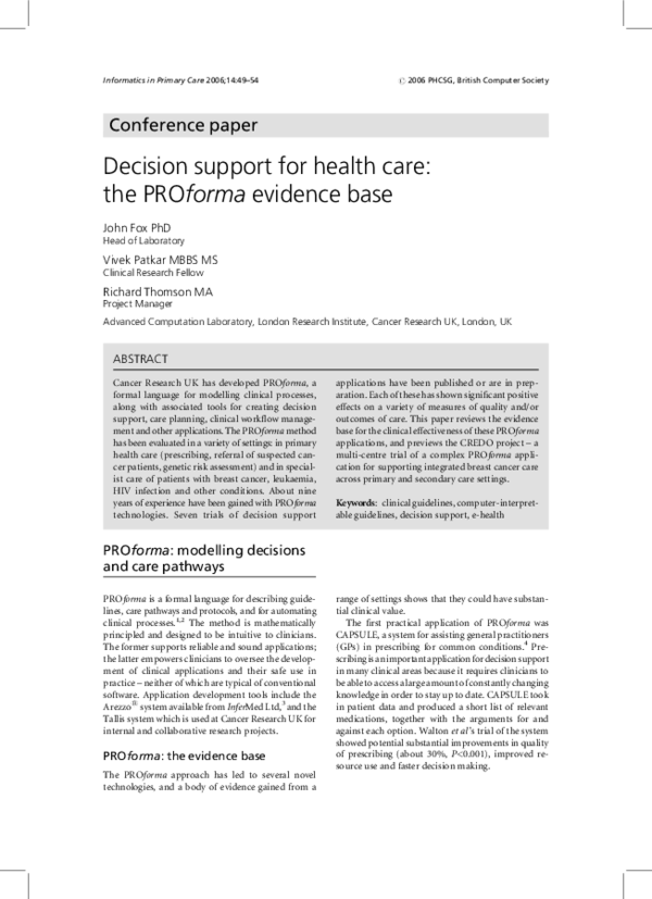 (PDF) Decision support for health care: the PROforma evidence base