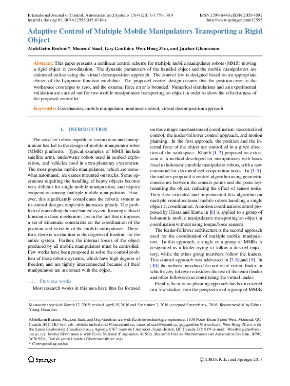 (PDF) Adaptive control of multiple mobile manipulators transporting a ...