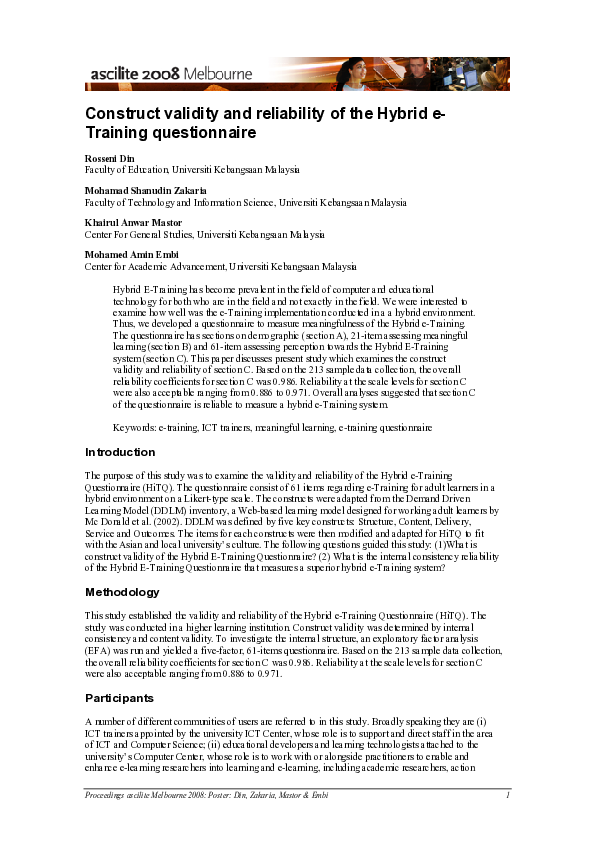 (PDF) Construct validity and reliability of the Hybrid e-Training questionnaire