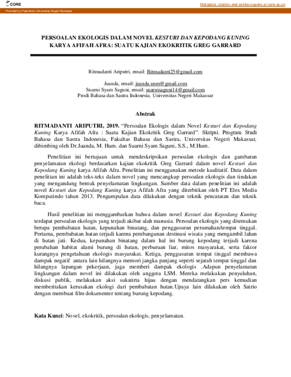(PDF) Persoalan Ekologis dalam Novel Kesturi dan Kepodang Kuning Karya ...