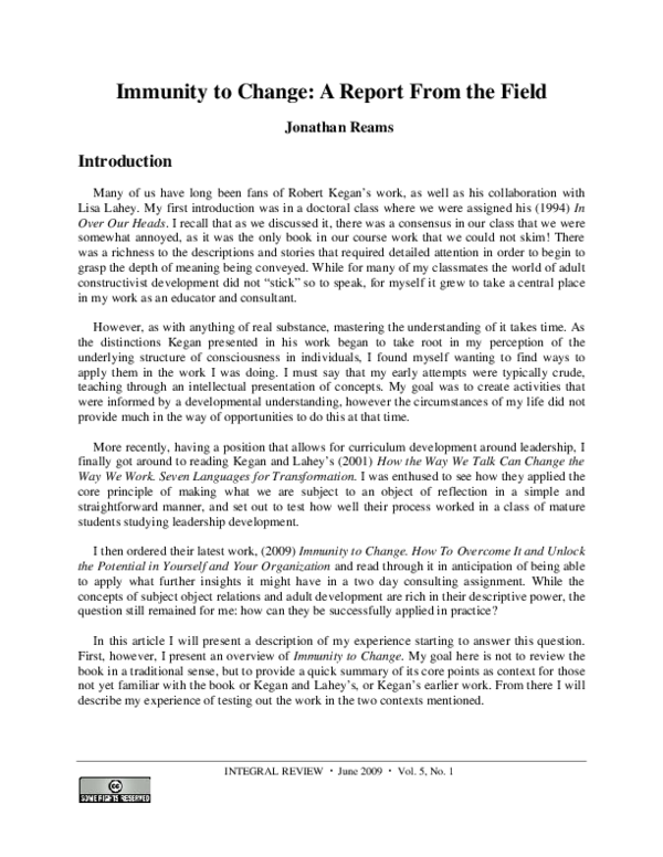 (PDF) Immunity to Change: A Report from the Field