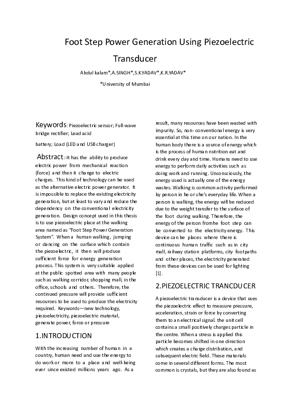 (PDF) Foot Step Power Generation Using Piezoelectric Transducer