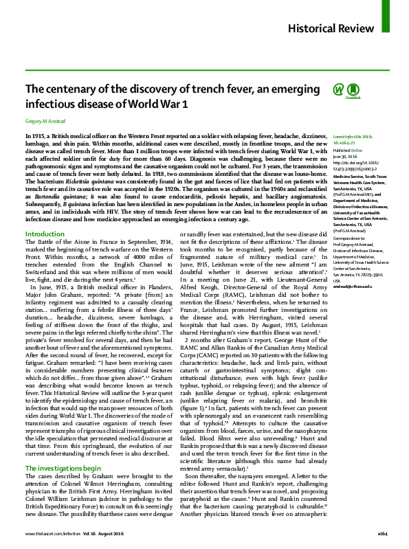 (PDF) The centenary of the discovery of trench fever, an emerging ...