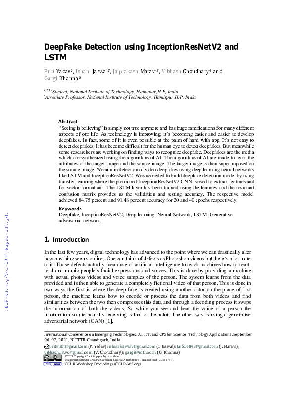 (PDF) DeepFake Detection using InceptionResNetV2 and LSTM