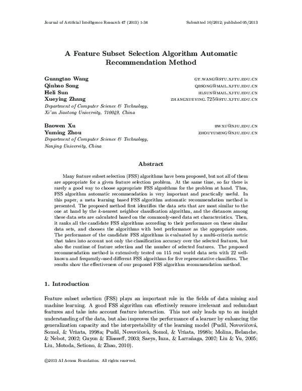 Pdf A Feature Subset Selection Algorithm Automatic Recommendation Method