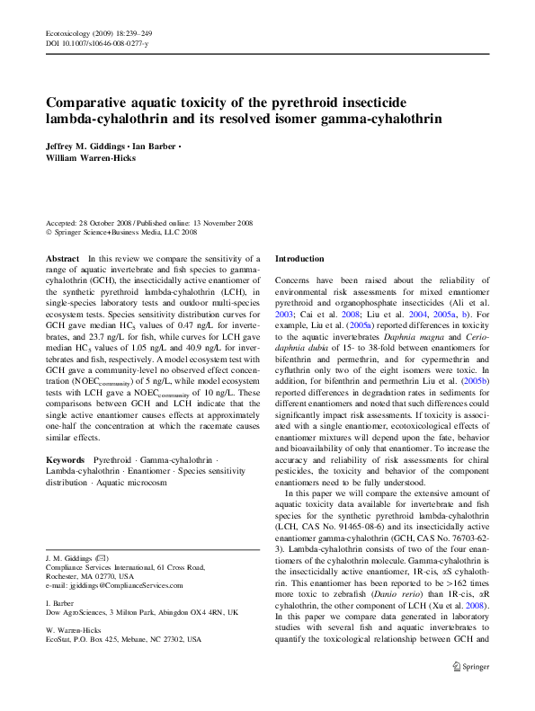 (PDF) Comparative aquatic toxicity of the pyrethroid insecticide lambda-cyhalothrin and its ...