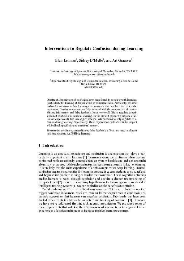 (PDF) Interventions to Regulate Confusion during Learning