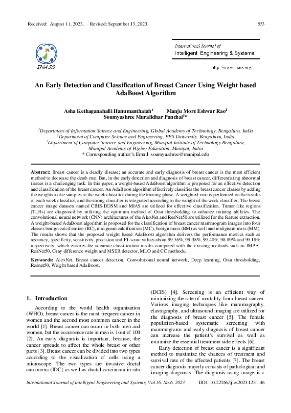 Pdf An Early Detection And Classification Of Breast Cancer Using Weight Based Adaboost Algorithm