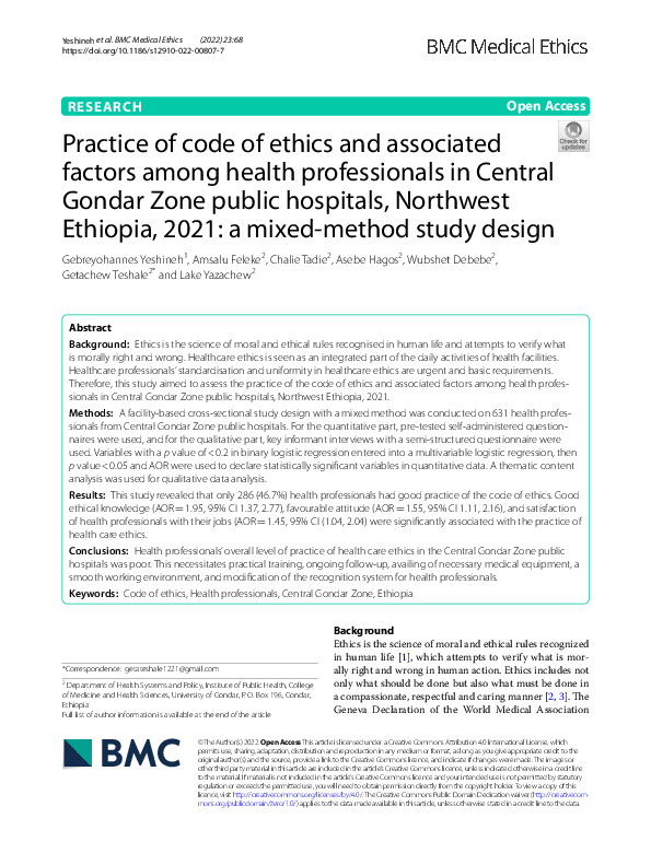 (PDF) Practice of code of ethics and associated factors among health ...