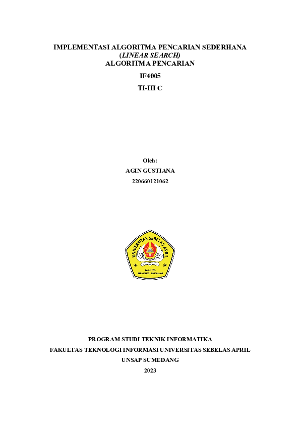 (DOC) IMPLEMENTASI ALGORITMA PENCARIAN SEDERHANA (LINEAR SEARCH) ALGORITMA PENCARIAN